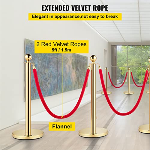 VEVOR Velvet Ropes and Posts, 5 ft Red Velvet Rope, Stanchion Post, Crowd Control Barriers Gold Stanchions, Red Carpet Poles Rubber Base, Crowd Control Ropes and Poles for Party (38, Gold, 4)