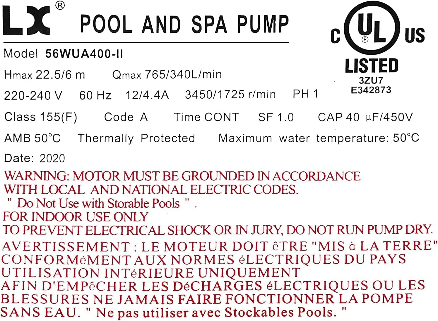 Pump, LX, 4.0HP, 2 SPD, 230V, 12A / 4.4A, 56WUA400-II Baseless, 2”