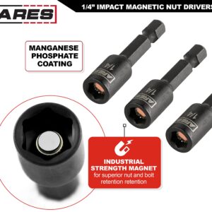 ARES 27012-3-Piece 1/4-Inch Magnetic Impact Nut Driver Bit Set - 1 3/4-Inch Length - Impact Grade Nut Setters with Industrial Strength Magnets