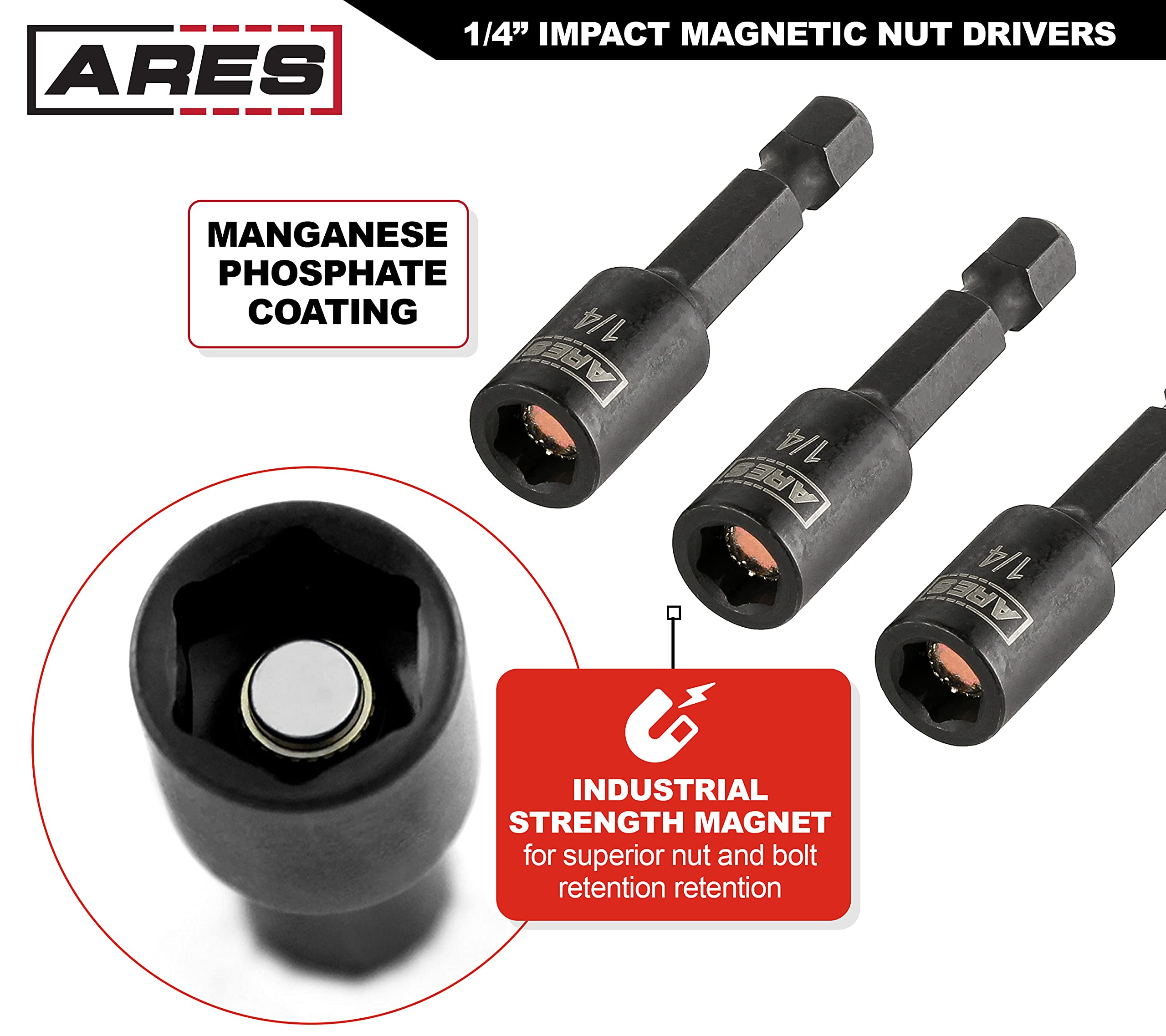 ARES 27012-3-Piece 1/4-Inch Magnetic Impact Nut Driver Bit Set - 1 3/4-Inch Length - Impact Grade Nut Setters with Industrial Strength Magnets