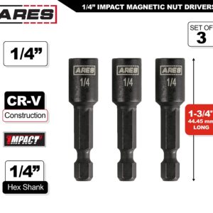 ARES 27012-3-Piece 1/4-Inch Magnetic Impact Nut Driver Bit Set - 1 3/4-Inch Length - Impact Grade Nut Setters with Industrial Strength Magnets