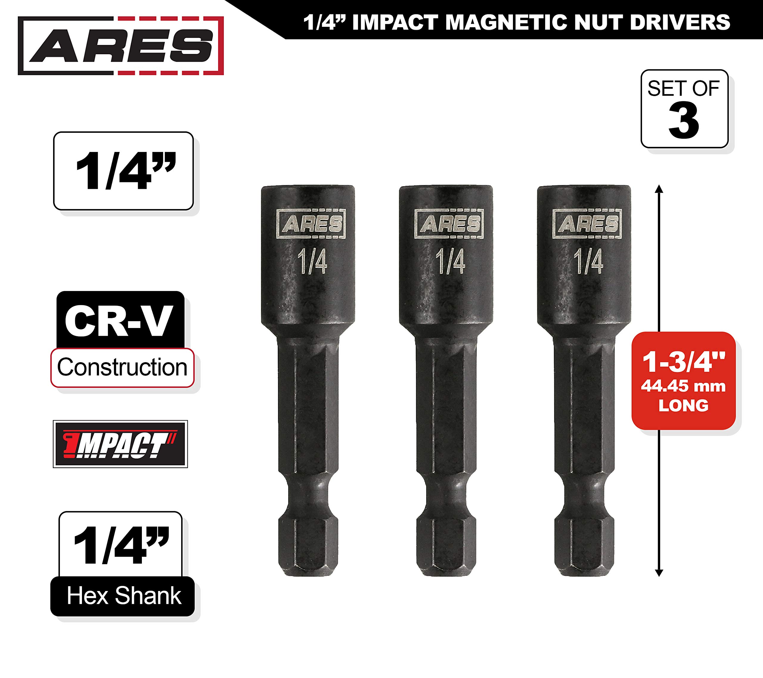 ARES 27012-3-Piece 1/4-Inch Magnetic Impact Nut Driver Bit Set - 1 3/4-Inch Length - Impact Grade Nut Setters with Industrial Strength Magnets