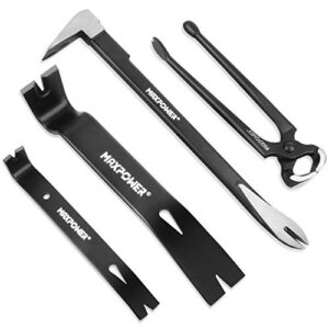 MAXPOWER 4-Pieces Pry Bar Set, 12-inch Utility Claw Pry Bar, 8-inch Nail Puller, 10-inch and 7-inch Flat Pry Bar Crowbar Claw