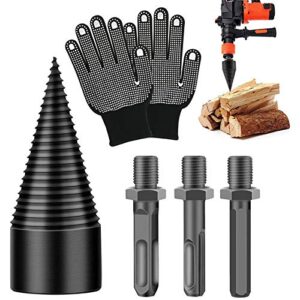 3pcs firewood log splitter drill bits with gloves, wood splitter drill bit removable handle, heavy duty drill screw cone driver for household electric drill hand drill stick-hex+square+round (32mm)