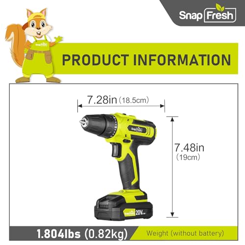 SnapFresh Cordless Drill - 20V Cordless Drill with Battery and Charger, Power Drill Set with 2 Variable Speed, 21+1 Torque Setting, Lightweight, LED, 43pcs Drill Bits, Impact Drill Set for Home, DIY