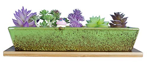 ARTKETTY Succulent Pots, 9.8 Inch Ceramic Succulent Planters with Drainage Small Bonsai Pot with Bamboo Tray, Mini Cactus Flower Planter Pot Shallow Rectangular Window Planters for Indoor Plants