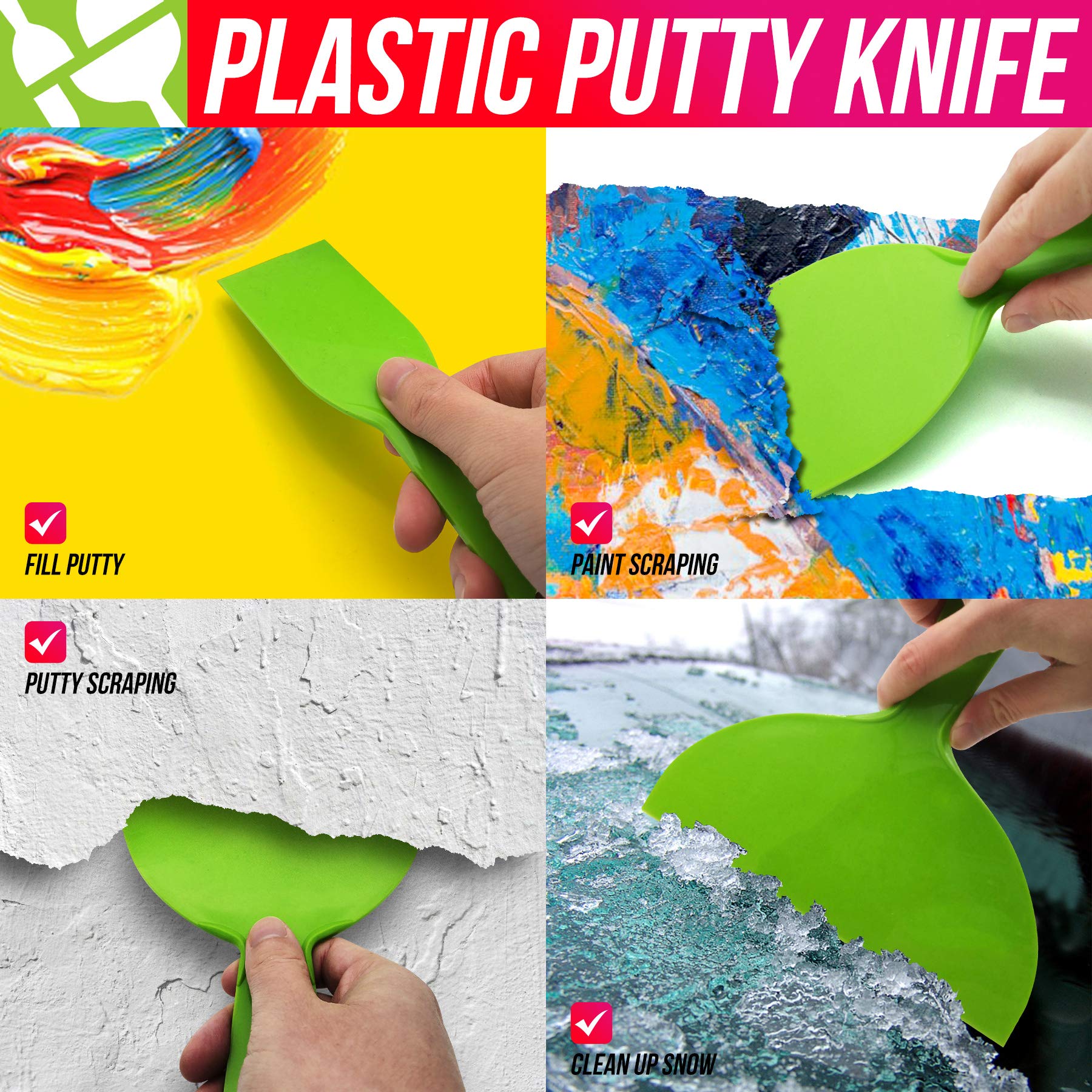 BANGBANGSING 4 Pack Putty Knife, Large Size Pack, Flexible Plastic Paint Scraper Tool for Spackling, Wallpaper Scraper Plastic, Spatula Scraper, Spackle Tools