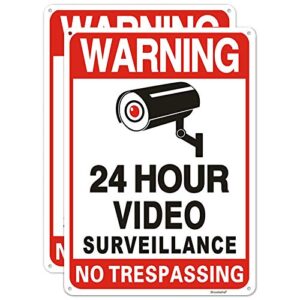 2 pack no trespassing sign, 24 hour video surveillance signs, rust-free aluminum metal reflective sign, fake security camera sign, indoor or outdoor use for home yard business cctv (10 x 7 inches)