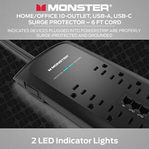 Monster Black Heavy Duty Surge Protector Power Strip 6 ft Cord with 10 120V-Outlet Extension, 2 Ethernet Switch Ports, 4050J Rating, 1 USB-A, and 1 USB-C Charging Ports – Ideal for Computers & Offices