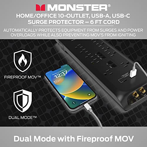 Monster Black Heavy Duty Surge Protector Power Strip 6 ft Cord with 10 120V-Outlet Extension, 2 Ethernet Switch Ports, 4050J Rating, 1 USB-A, and 1 USB-C Charging Ports – Ideal for Computers & Offices