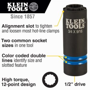 Klein Tools 66031 3-in-1 Slotted Impact Socket, 12-Point Deep Sockets, Coaxial Spring Loaded, 3/4 and 9/16-Inch Hex Sizes, 1/2-Inch Drive