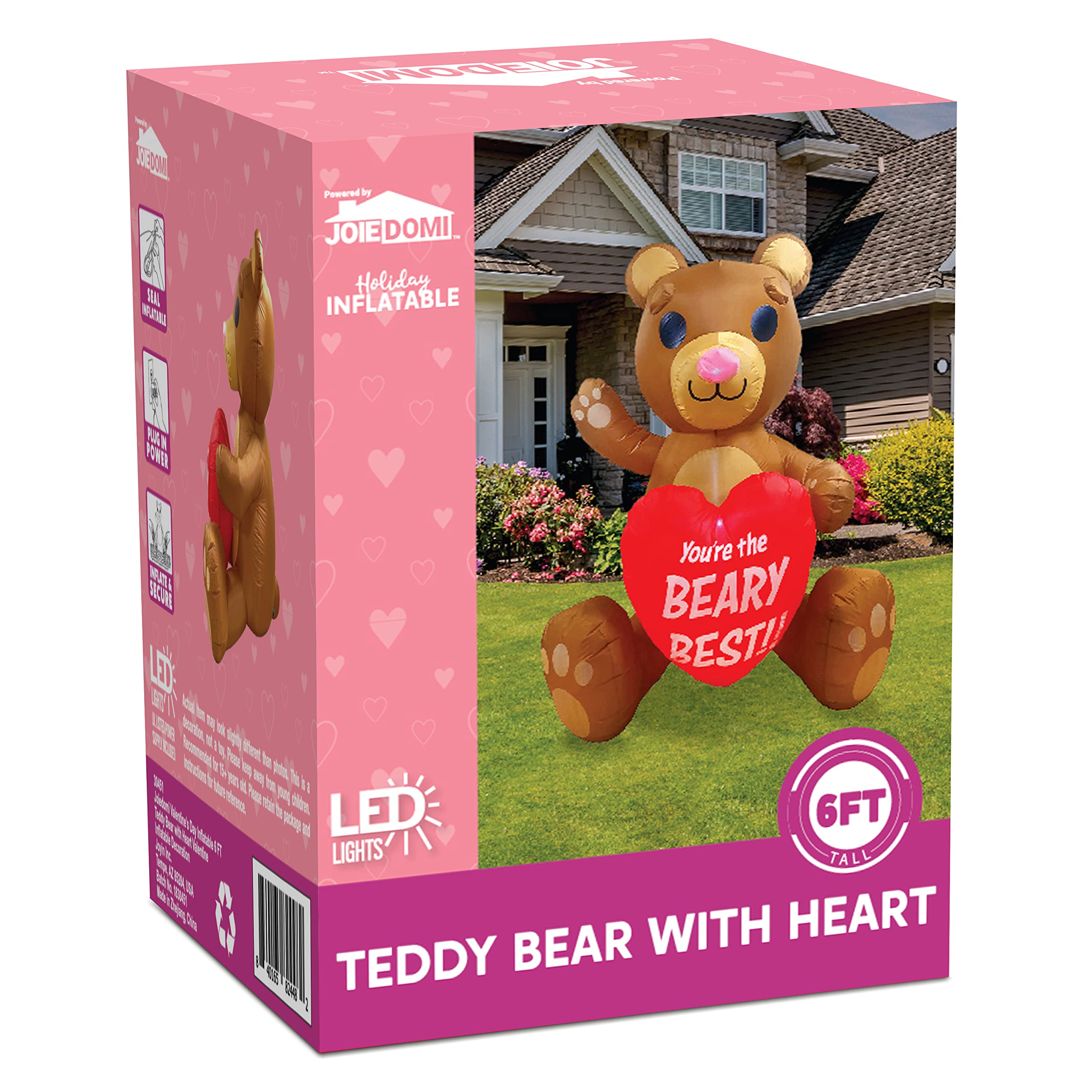 Joiedomi 6 FT Valentines Day Inflatable Brown Bear Holding Heart, Lighted LED Blow Up Decoration Valentines Gift for Couples Wedding Propose Holiday Indoor Yard Party Supplies Décor