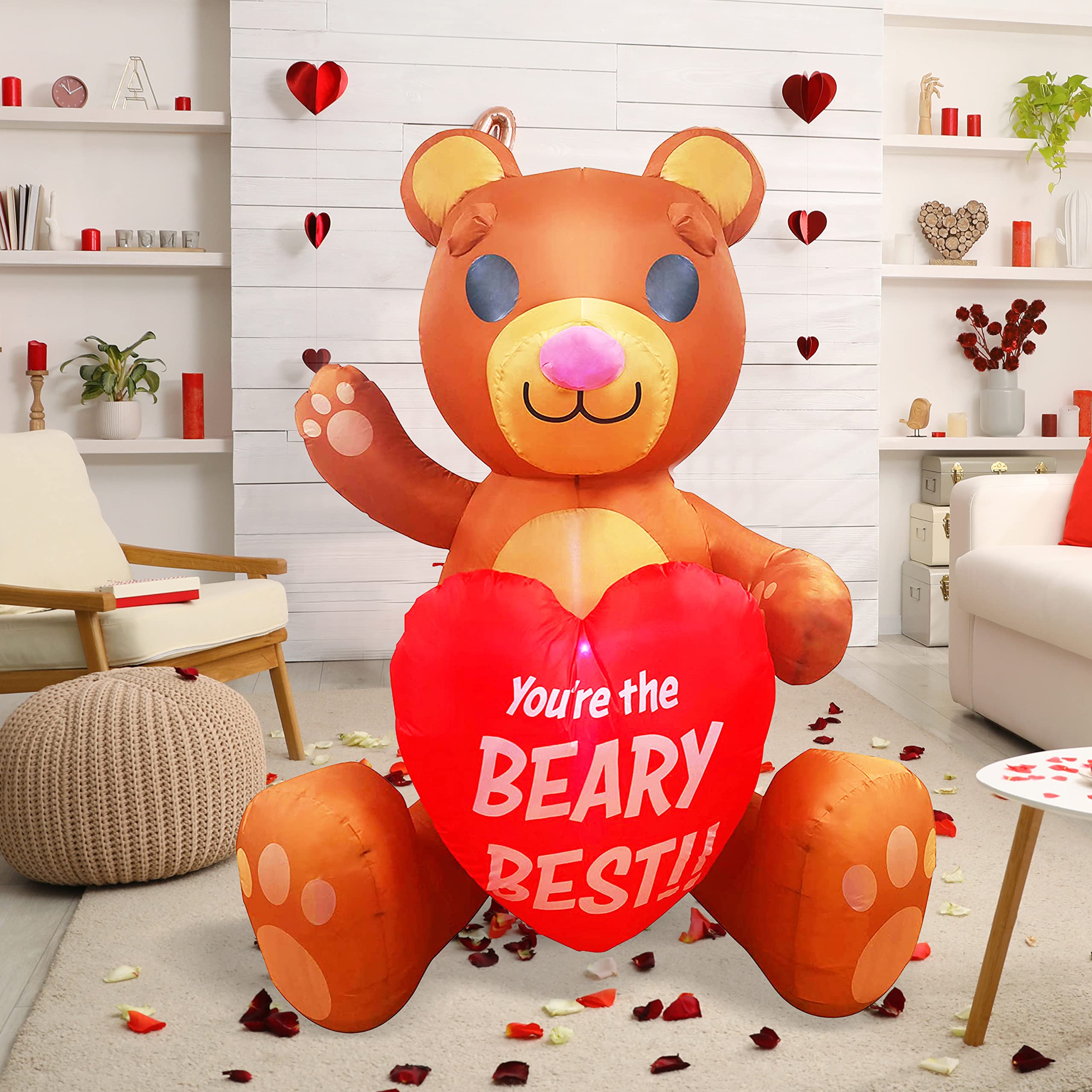 Joiedomi 6 FT Valentines Day Inflatable Brown Bear Holding Heart, Lighted LED Blow Up Decoration Valentines Gift for Couples Wedding Propose Holiday Indoor Yard Party Supplies Décor