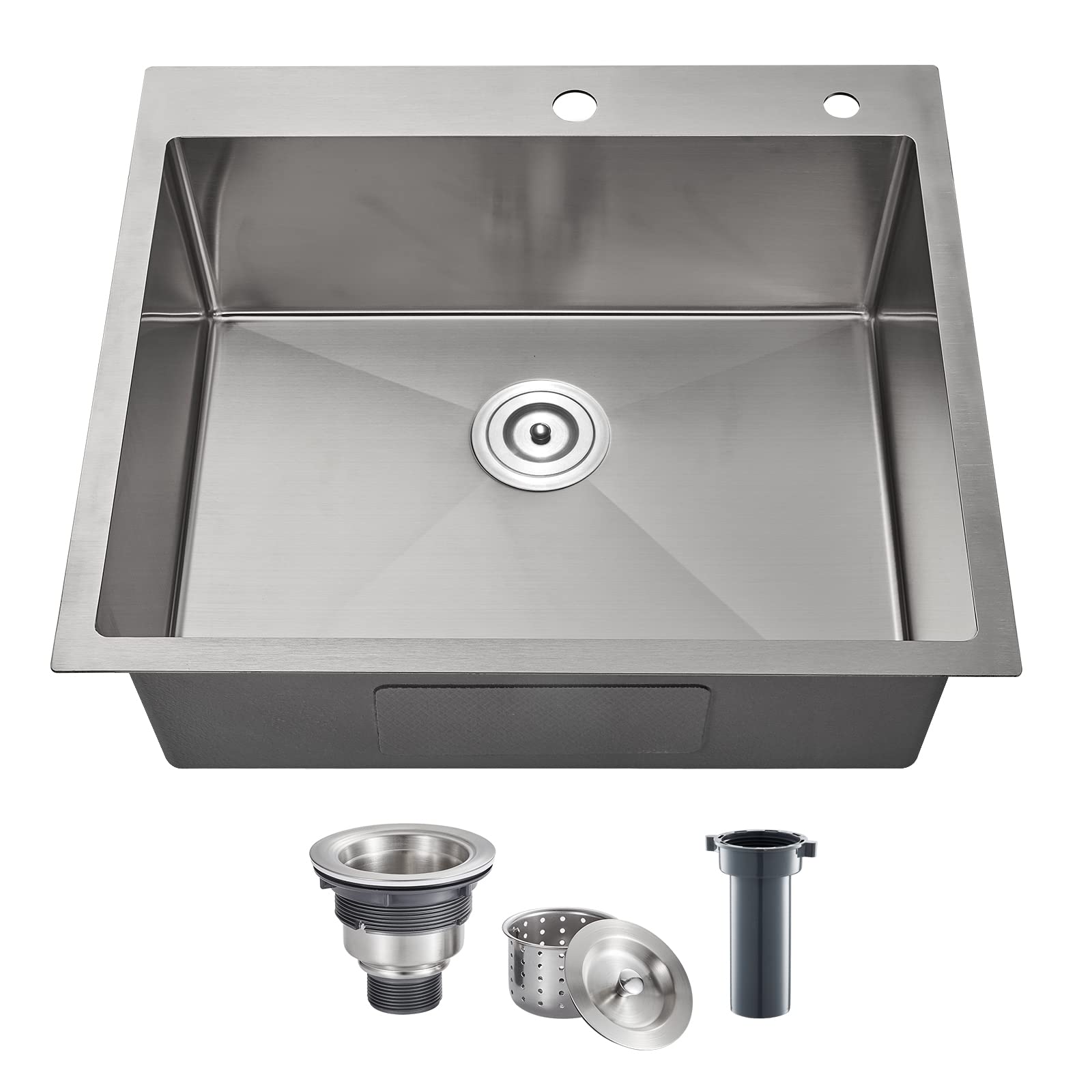 POPFLY 25×22 Inch Drop in Single Bowl Kitchen Sink, Overmount 304 Stainless Steel Sink,18 Gauge Handmade Outdoor Topmount Sink, Brushed