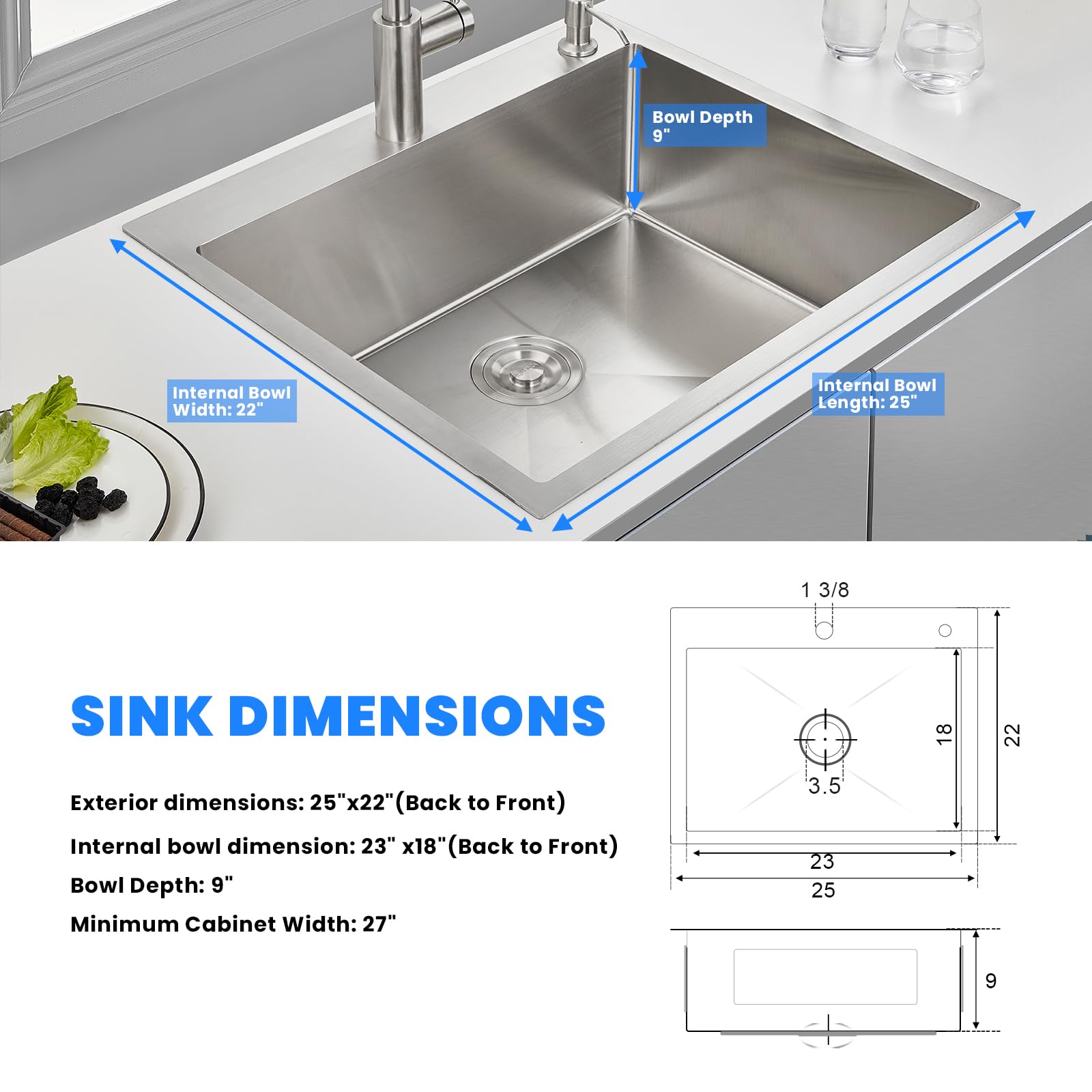 POPFLY 25×22 Inch Drop in Single Bowl Kitchen Sink, Overmount 304 Stainless Steel Sink,18 Gauge Handmade Outdoor Topmount Sink, Brushed