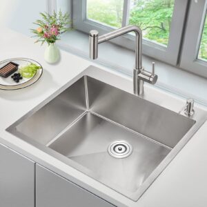 POPFLY 25×22 Inch Drop in Single Bowl Kitchen Sink, Overmount 304 Stainless Steel Sink,18 Gauge Handmade Outdoor Topmount Sink, Brushed