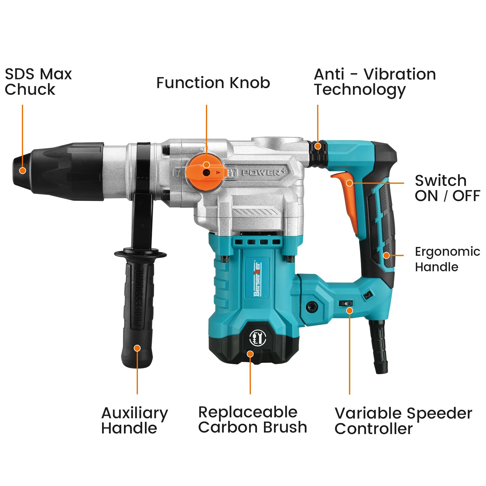 Berserker 1-9/16" SDS-Max Heavy Duty Rotary Hammer Drill with Vibration Control,Safety Clutch,13 Amp 3 Functions Demolition Rotomartillo for Concrete-Including 1 Drill Bits,Point Chisel,Carrying Case