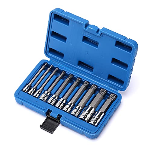 MIXPOWER 10 Piece Spline Tip Bit Socket Set, M-Type, S2 and Cr-V Steel, Extra Long 4'' Length, M4-M18, XZN Triple Square Spline Bit Socket Set