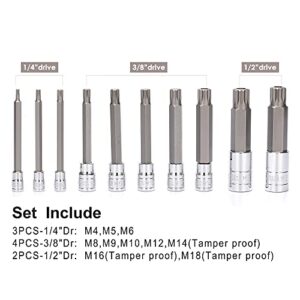 MIXPOWER 10 Piece Spline Tip Bit Socket Set, M-Type, S2 and Cr-V Steel, Extra Long 4'' Length, M4-M18, XZN Triple Square Spline Bit Socket Set