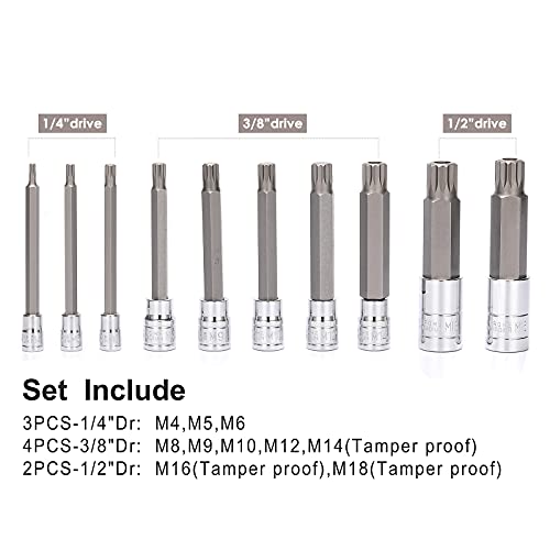 MIXPOWER 10 Piece Spline Tip Bit Socket Set, M-Type, S2 and Cr-V Steel, Extra Long 4'' Length, M4-M18, XZN Triple Square Spline Bit Socket Set