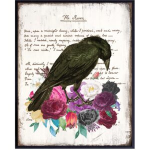 The Raven Edgar Allan Poe Decor - Gift for Medieval, Gothic, Wicca, Wiccan, Witchcraft, Occult Fan, Women - Goth Wall Art - Creepy Poster for Bedroom, Living Room - Crow, Roses, Flowers Picture