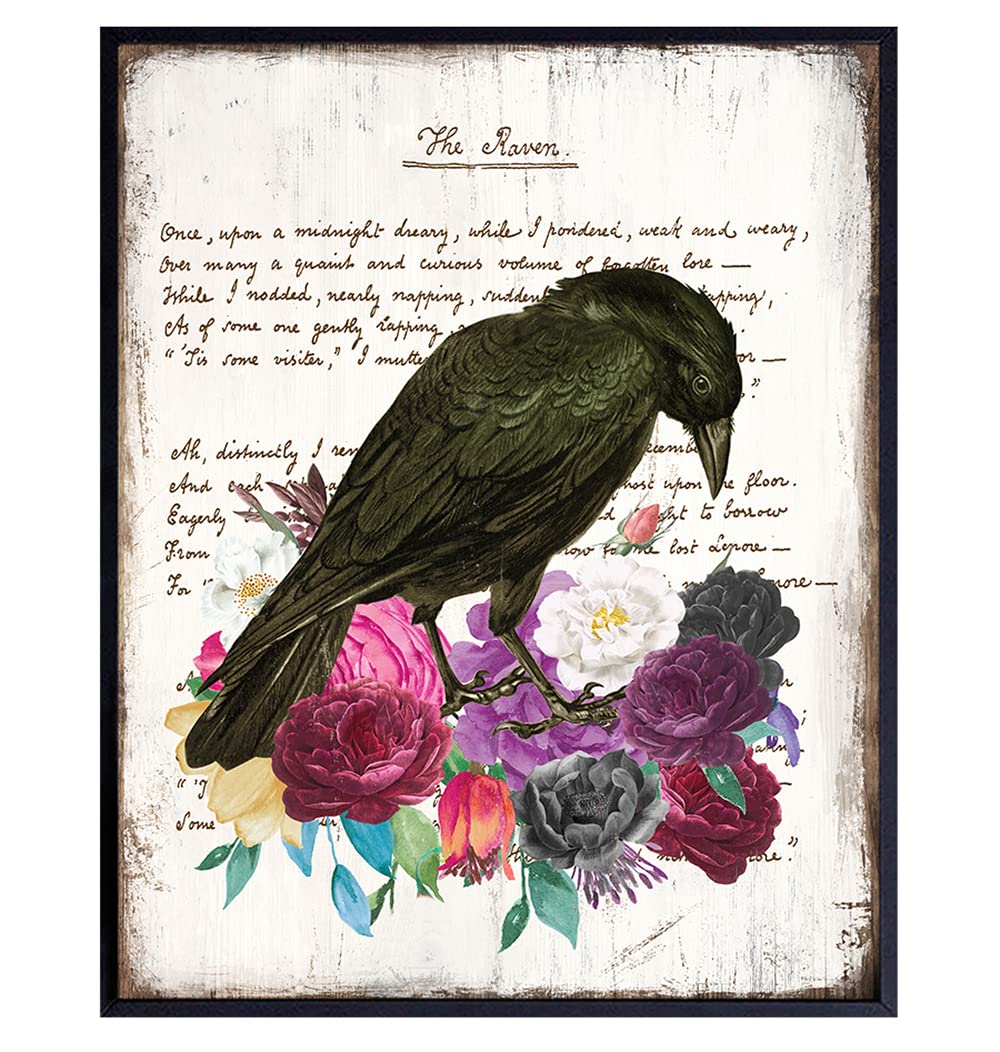 The Raven Edgar Allan Poe Decor - Gift for Medieval, Gothic, Wicca, Wiccan, Witchcraft, Occult Fan, Women - Goth Wall Art - Creepy Poster for Bedroom, Living Room - Crow, Roses, Flowers Picture