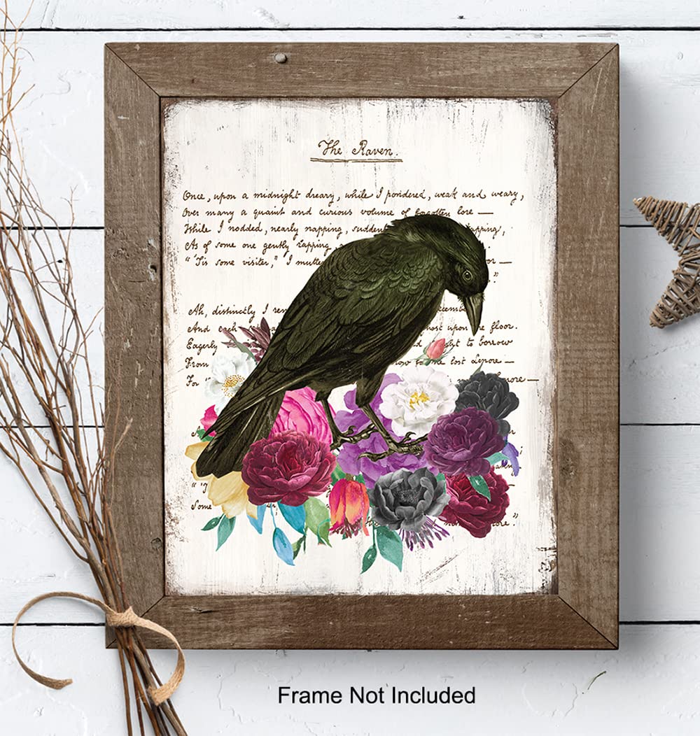 The Raven Edgar Allan Poe Decor - Gift for Medieval, Gothic, Wicca, Wiccan, Witchcraft, Occult Fan, Women - Goth Wall Art - Creepy Poster for Bedroom, Living Room - Crow, Roses, Flowers Picture