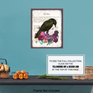 The Raven Edgar Allan Poe Decor - Gift for Medieval, Gothic, Wicca, Wiccan, Witchcraft, Occult Fan, Women - Goth Wall Art - Creepy Poster for Bedroom, Living Room - Crow, Roses, Flowers Picture