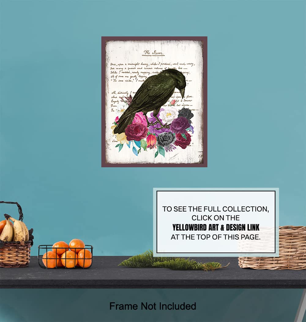 The Raven Edgar Allan Poe Decor - Gift for Medieval, Gothic, Wicca, Wiccan, Witchcraft, Occult Fan, Women - Goth Wall Art - Creepy Poster for Bedroom, Living Room - Crow, Roses, Flowers Picture