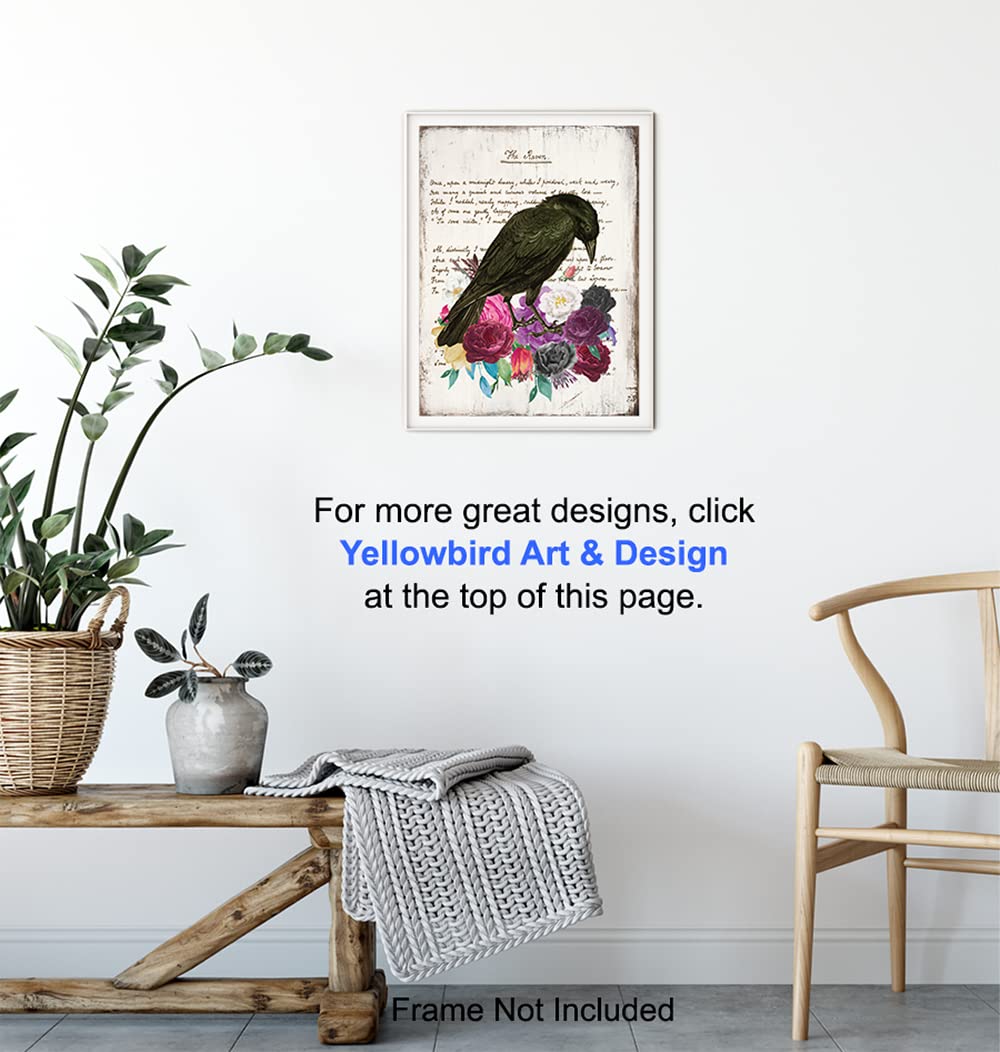 The Raven Edgar Allan Poe Decor - Gift for Medieval, Gothic, Wicca, Wiccan, Witchcraft, Occult Fan, Women - Goth Wall Art - Creepy Poster for Bedroom, Living Room - Crow, Roses, Flowers Picture