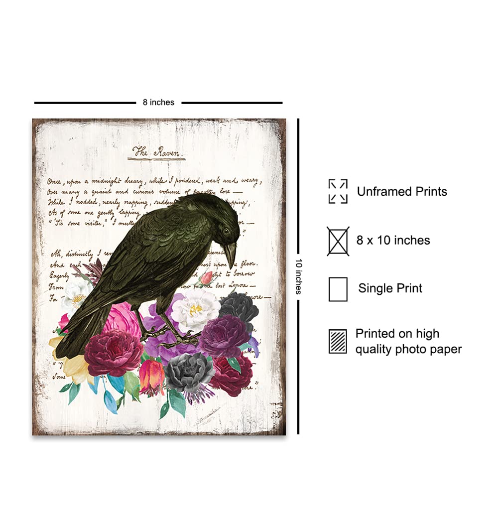 The Raven Edgar Allan Poe Decor - Gift for Medieval, Gothic, Wicca, Wiccan, Witchcraft, Occult Fan, Women - Goth Wall Art - Creepy Poster for Bedroom, Living Room - Crow, Roses, Flowers Picture