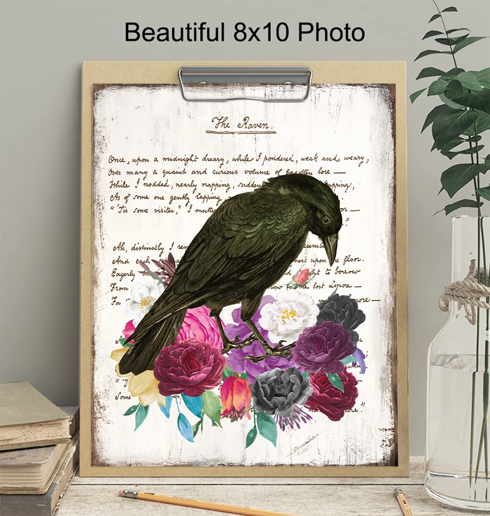 The Raven Edgar Allan Poe Decor - Gift for Medieval, Gothic, Wicca, Wiccan, Witchcraft, Occult Fan, Women - Goth Wall Art - Creepy Poster for Bedroom, Living Room - Crow, Roses, Flowers Picture