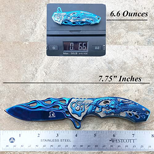 Falcon KS3603 7.75" FOLDING POCKET KNIFE 440 STAINLESS COATED STEEL WITH 3D DRAGON DESIGNED HANDLE AND POCKET CLIP.