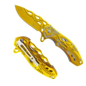 falcon ks3603 7.75" folding pocket knife 440 stainless coated steel with 3d dragon designed handle and pocket clip.