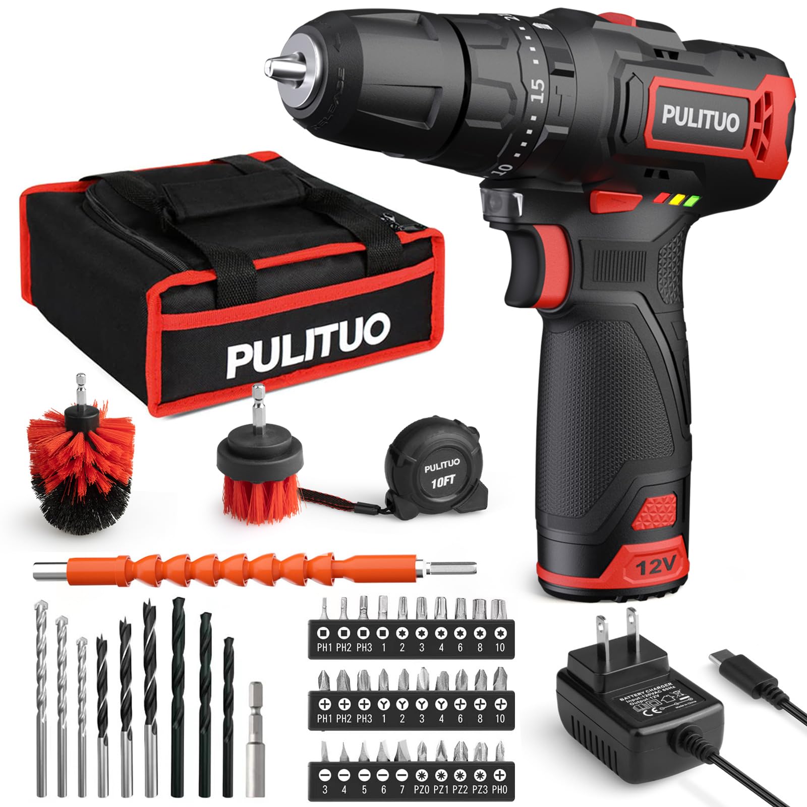 PULITUO Cordless Drill Driver Set, 12V Electric Power Hand Drill Torque 310In.lbs with 21+1& Impact Level Setting, 3/8” Keyless Chuck, 2 Variable Speed Setting, 46 PCS Drill Bits Kit, Storage Bag