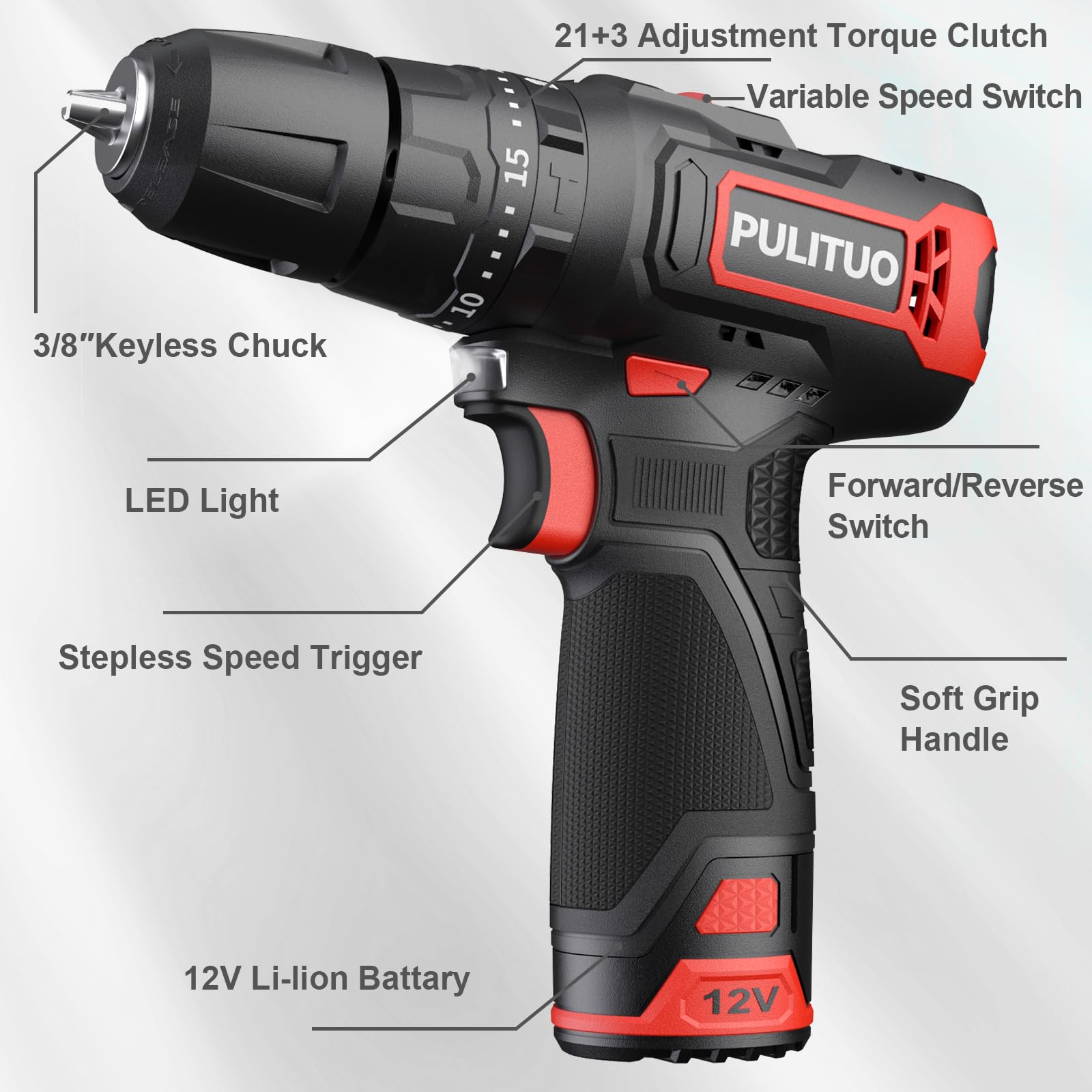 PULITUO Cordless Drill Driver Set, 12V Electric Power Hand Drill Torque 310In.lbs with 21+1& Impact Level Setting, 3/8” Keyless Chuck, 2 Variable Speed Setting, 46 PCS Drill Bits Kit, Storage Bag