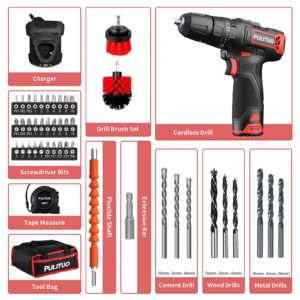 PULITUO Cordless Drill Driver Set, 12V Electric Power Hand Drill Torque 310In.lbs with 21+1& Impact Level Setting, 3/8” Keyless Chuck, 2 Variable Speed Setting, 46 PCS Drill Bits Kit, Storage Bag