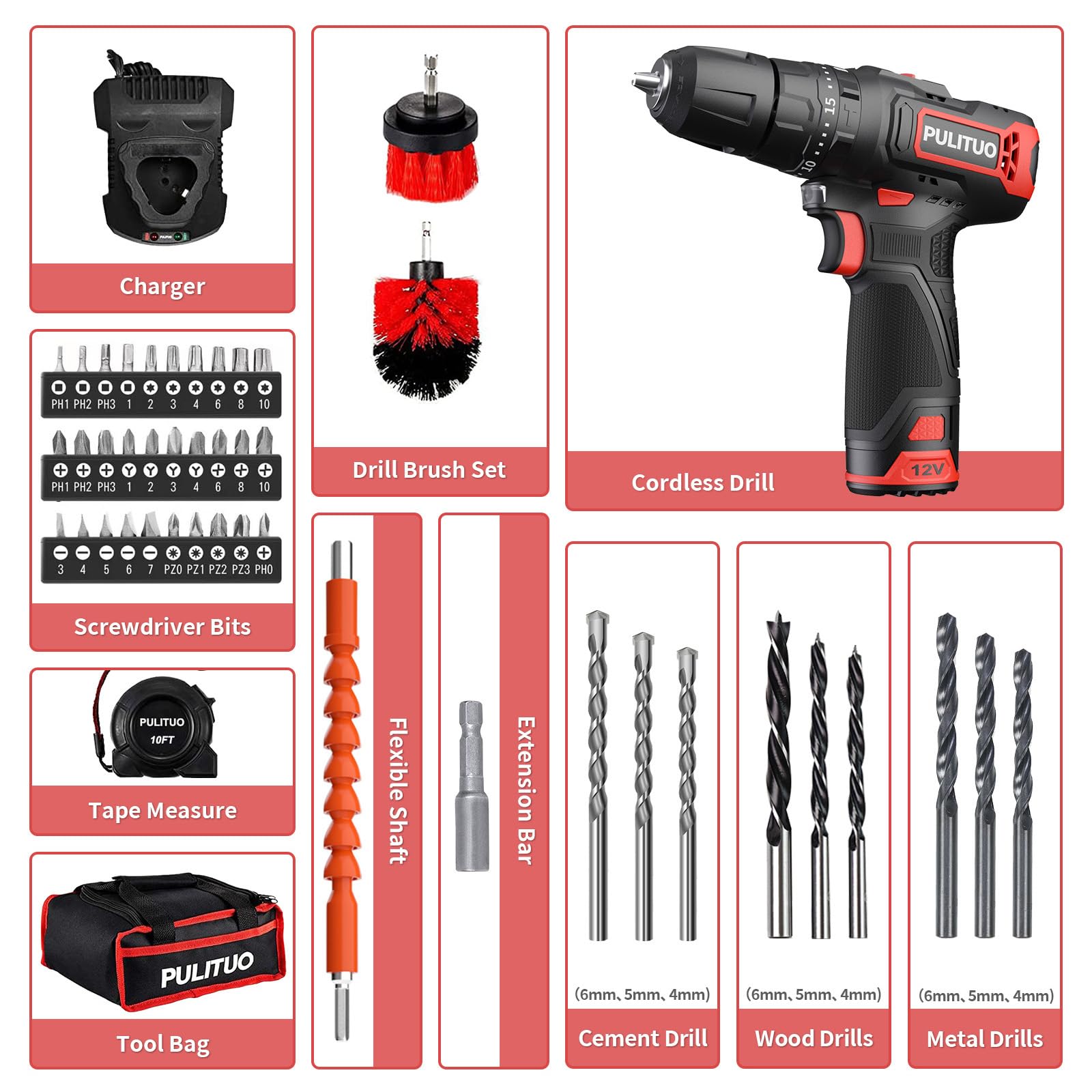 PULITUO Cordless Drill Driver Set, 12V Electric Power Hand Drill Torque 310In.lbs with 21+1& Impact Level Setting, 3/8” Keyless Chuck, 2 Variable Speed Setting, 46 PCS Drill Bits Kit, Storage Bag