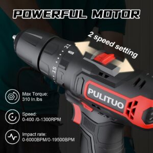 PULITUO Cordless Drill Driver Set, 12V Electric Power Hand Drill Torque 310In.lbs with 21+1& Impact Level Setting, 3/8” Keyless Chuck, 2 Variable Speed Setting, 46 PCS Drill Bits Kit, Storage Bag