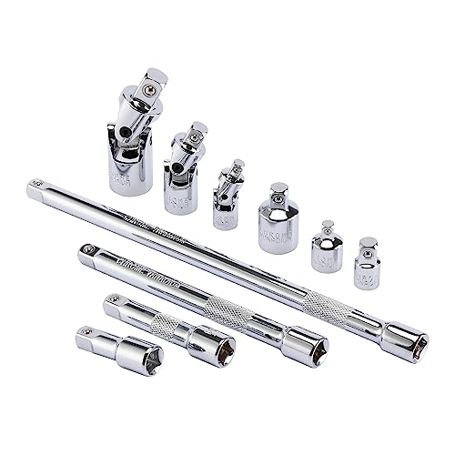 CASOMAN 10-Piece Socket Accessory Set, 1/4-inch, 3/8-inch,1/2-inch Drive, Includes Socket Adapters, Extension Bars and Universal Joints, CR-V, Mirror Finish