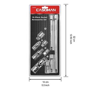 CASOMAN 10-Piece Socket Accessory Set, 1/4-inch, 3/8-inch,1/2-inch Drive, Includes Socket Adapters, Extension Bars and Universal Joints, CR-V, Mirror Finish