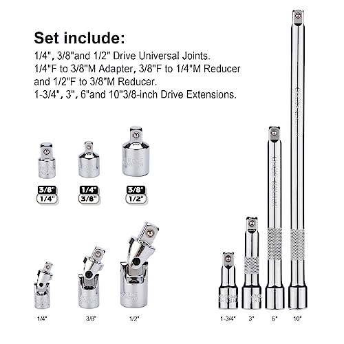 CASOMAN 10-Piece Socket Accessory Set, 1/4-inch, 3/8-inch,1/2-inch Drive, Includes Socket Adapters, Extension Bars and Universal Joints, CR-V, Mirror Finish