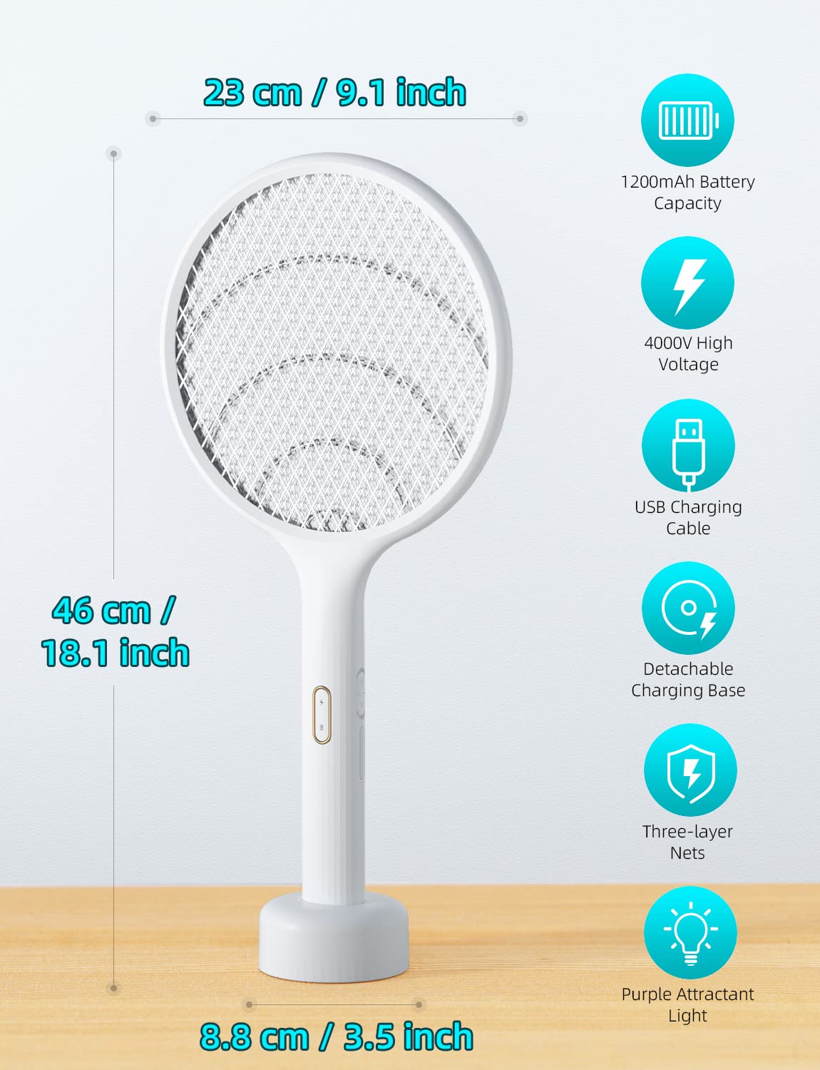 YISSVIC Electric Fly Swatter 4000V Bug Zapper Racket Dual Modes Mosquito Killer with Purple Mosquito Light Rechargeable for Indoor and Outdoor Home Office Backyard Patio Camping (1 Pack)