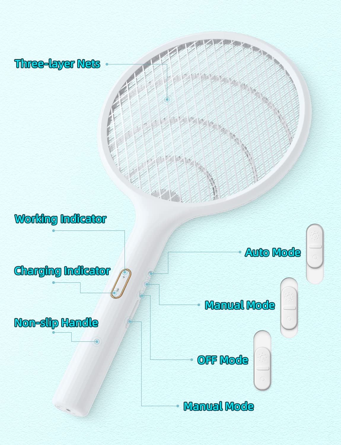 YISSVIC Electric Fly Swatter 4000V Bug Zapper Racket Dual Modes Mosquito Killer with Purple Mosquito Light Rechargeable for Indoor and Outdoor Home Office Backyard Patio Camping (1 Pack)