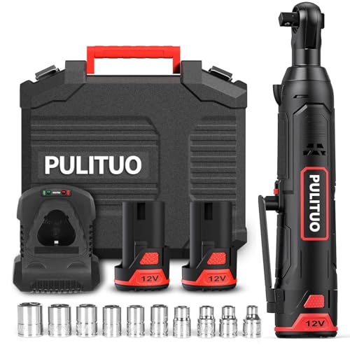 PULITUO Cordless Electric Ratchet Wrench 3/8", 12V Power Ratchet Tool Kit 37 Ft.Lbs (50 N.m) with 2-PACK 2000mAh Lithium-Ion Batteries, 45 Min Fast Charger, Variable Speed 10 Sockets