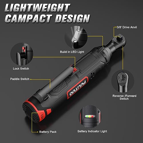 PULITUO Cordless Electric Ratchet Wrench 3/8", 12V Power Ratchet Tool Kit 37 Ft.Lbs (50 N.m) with 2-PACK 2000mAh Lithium-Ion Batteries, 45 Min Fast Charger, Variable Speed 10 Sockets