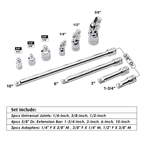 MIXPOWER 10 Pieces Drive Tool Accessory Set, Includes Socket Adapters, Extension Bars and Universal Joints, Premium Chrome Vanadium Steel Construction - 1/4-inch, 3/8-inch and 1/2-inch Drive Sizes