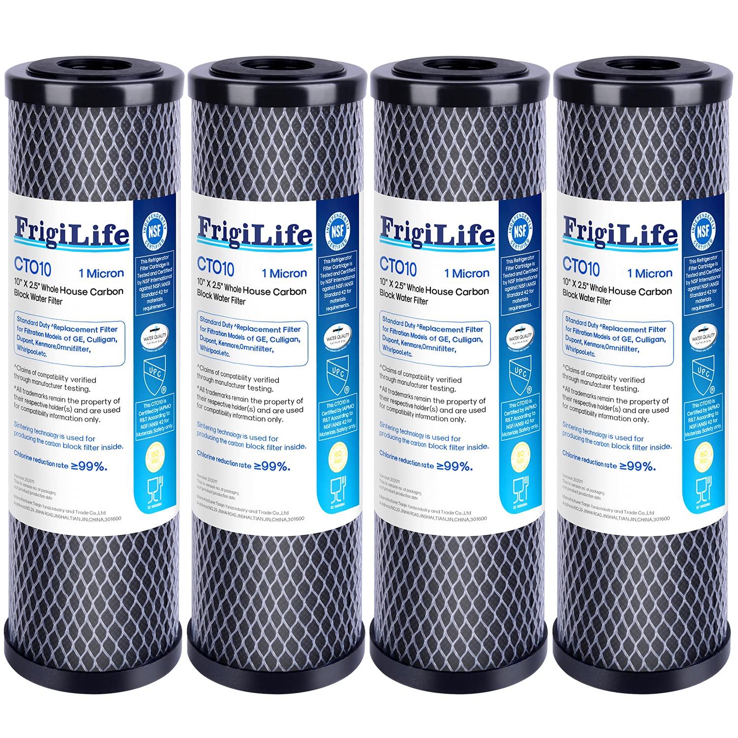 FrigiLife 1 Micron 10" x 2.5" Whole House CTO Carbon Sedimen Water Filter Compatible DuPont WFPFC8002, WFPFC9001, SCWH-5, WHCF-WHWC, FXWTC, RO Unit for Under Sink & Countertop Filtration System,4Pack