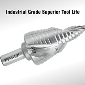 ACTOOL Industrial HSS Step Drill Bit 7/8 inch to 1-1/8 inch with 3/8 inch Shank, Double Spiral Flute