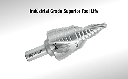 ACTOOL Industrial HSS Step Drill Bit 7/8 inch to 1-1/8 inch with 3/8 inch Shank, Double Spiral Flute